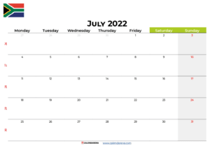 Download Free July 2022 Calendar South Africa With Holidays