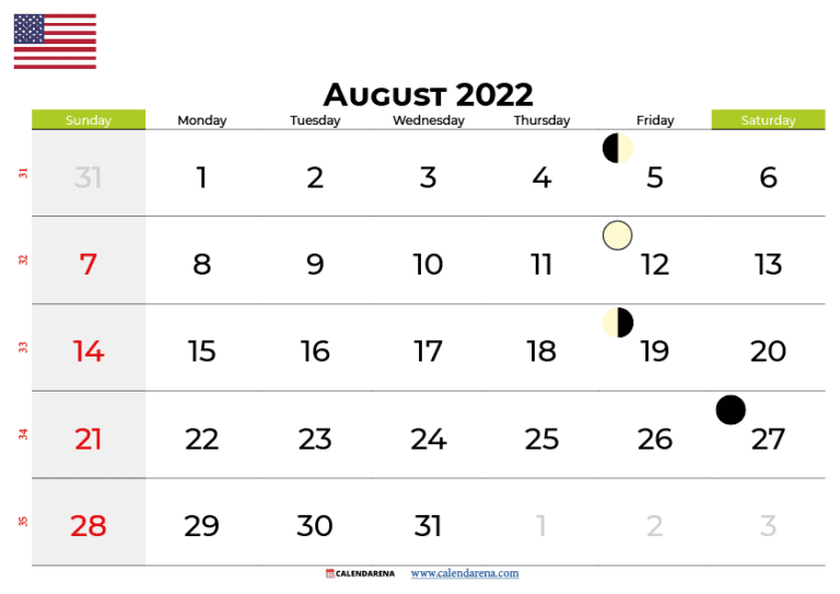 Download Free August 2022 Calendar USA