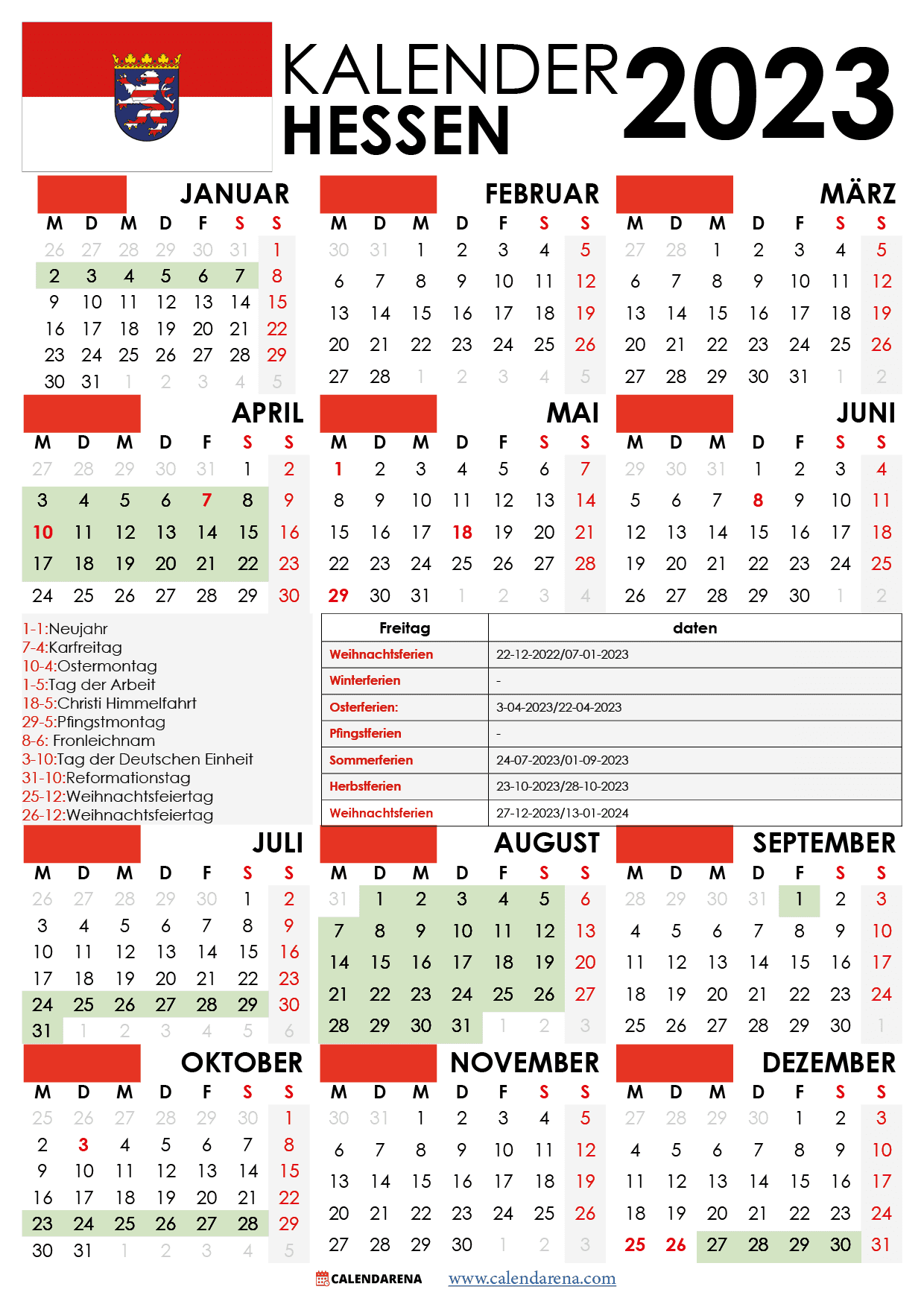 Kalender 2023 Hessen Mit Ferien Feiertage