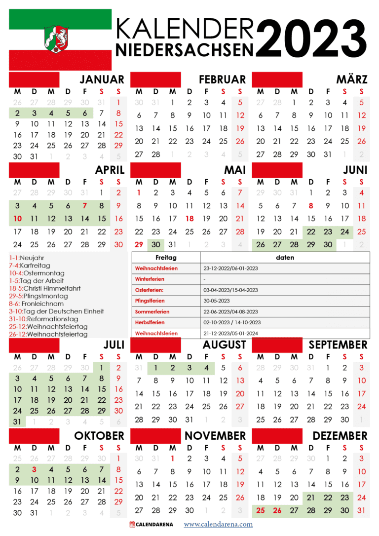 Kalender 2023 Nordrhein-Westfalen Mit Ferien + Feiertage