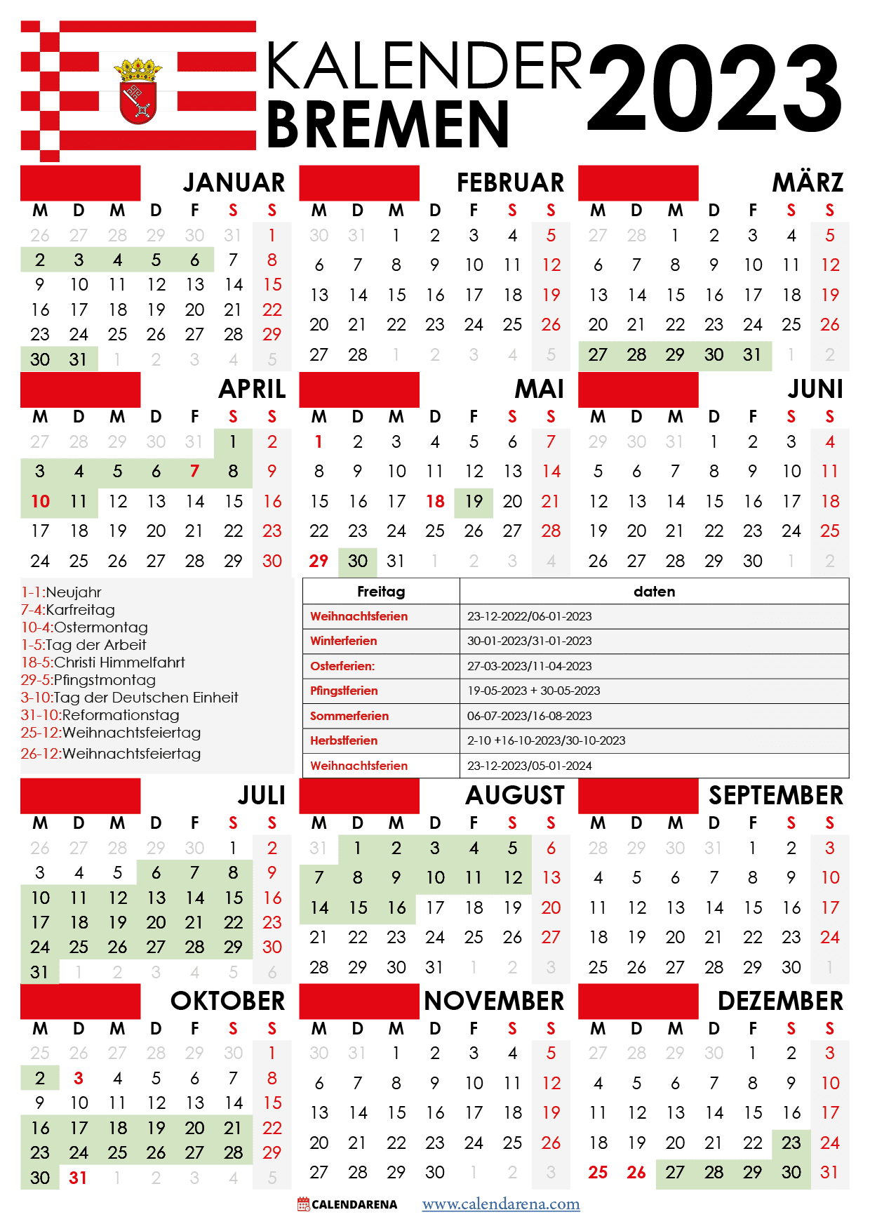 Kalender 2023 Bremen Mit Ferien Feiertage