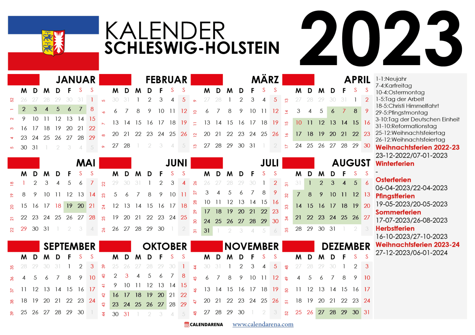 Kalender 2023 Schleswig holstein Ausdrucken