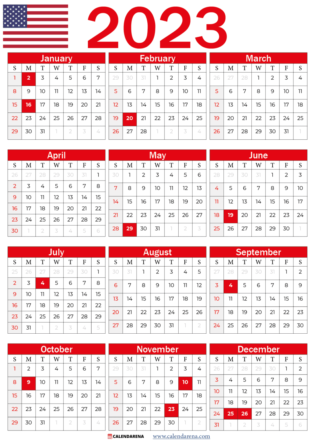 USA 2023 Calendar With Holidays Printable