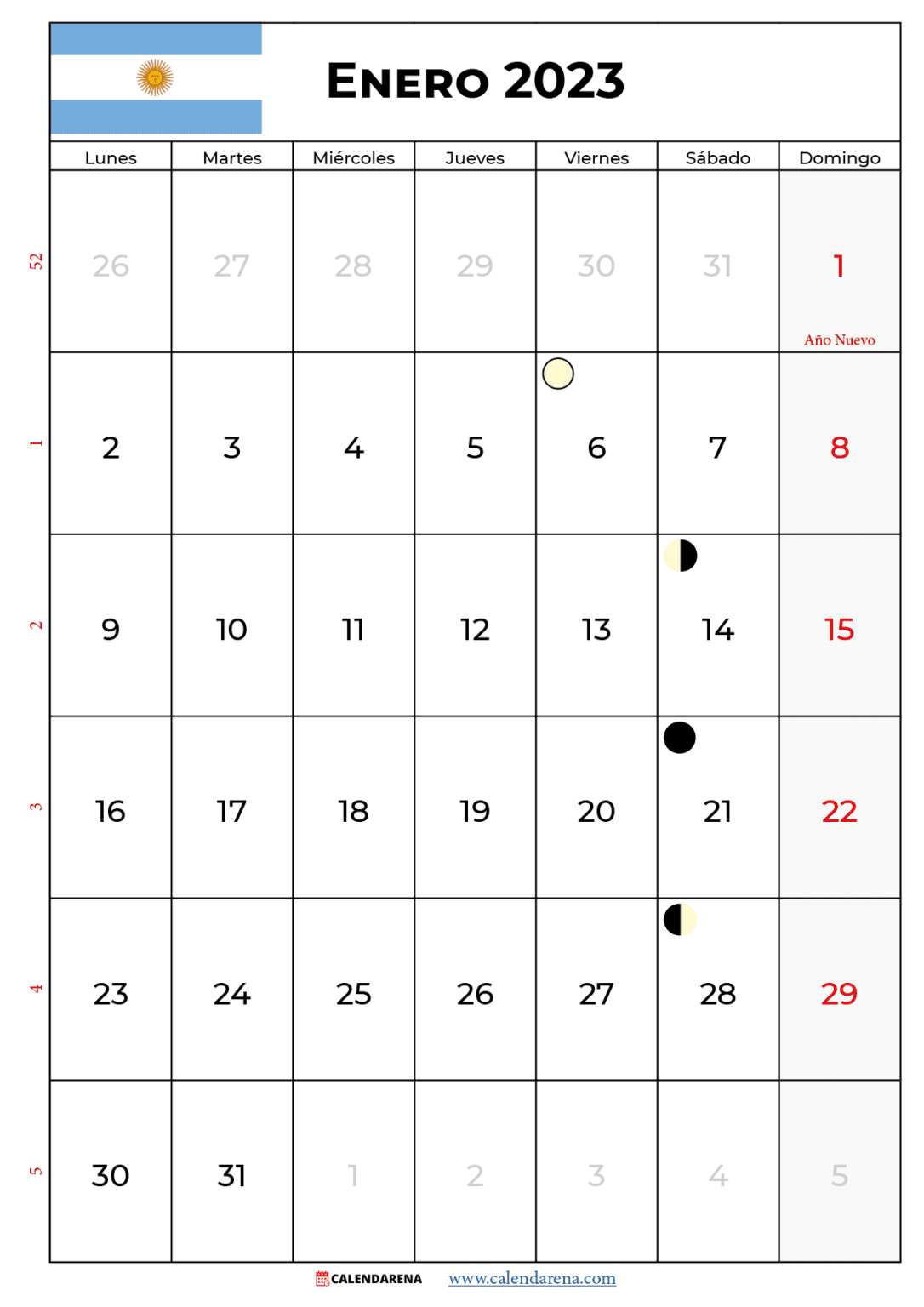 Calendario Enero 2023 Argentina Para Imprimir