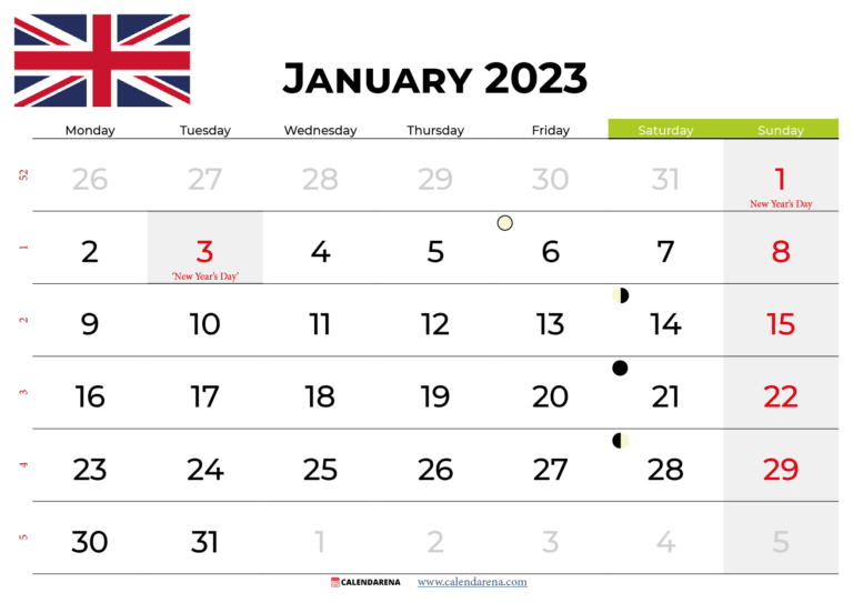 Download Free Calendar 2023 January United Kingdom With Holidays