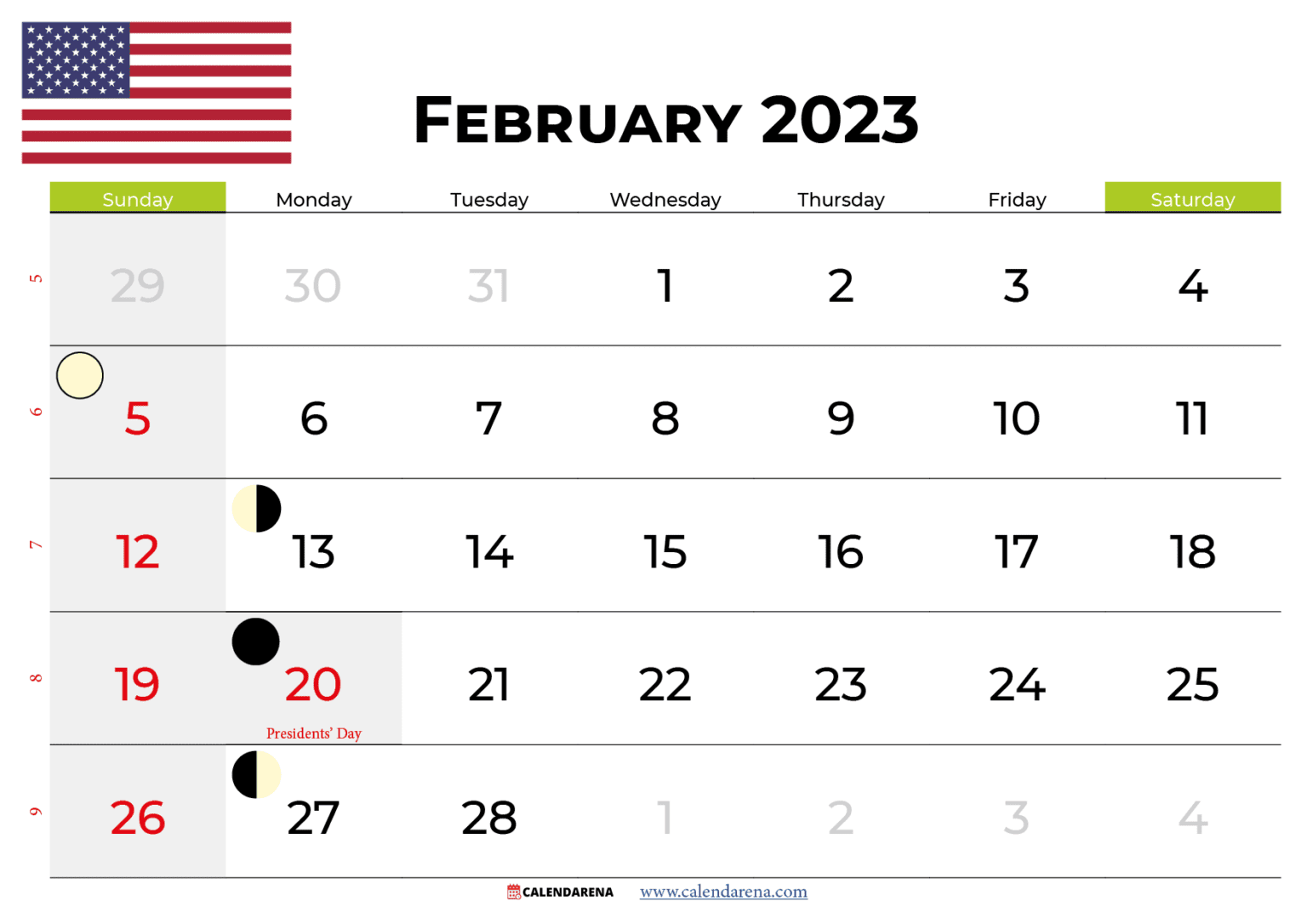 February 2023 Calendar Printable USA