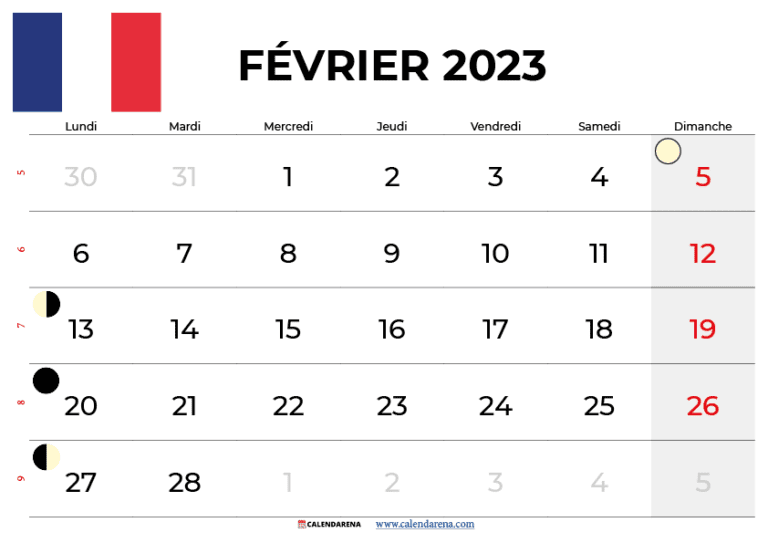Calendrier Février 2023 à Imprimer France Pdf
