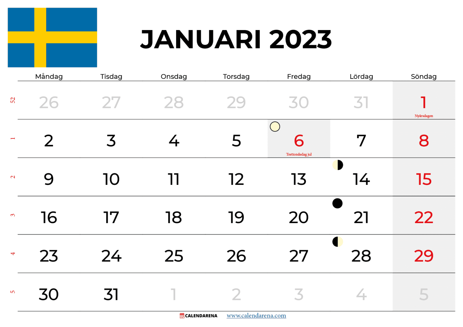 Kalender Januari 2023 Sverige Med Veckonummer