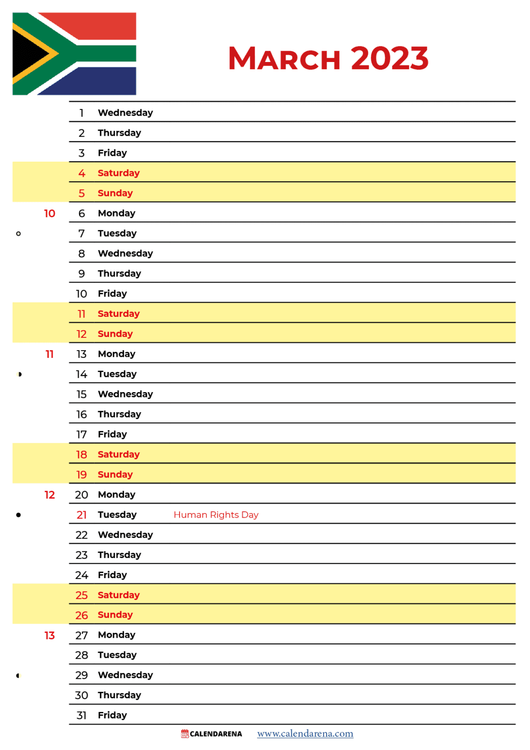 South Africa March 2023 Calendar Printable Free
