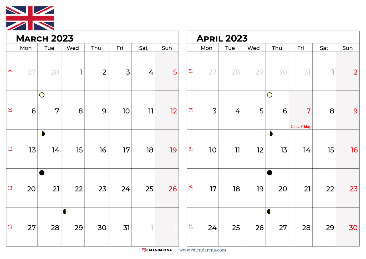 UK March 2023 Calendar Printable Free