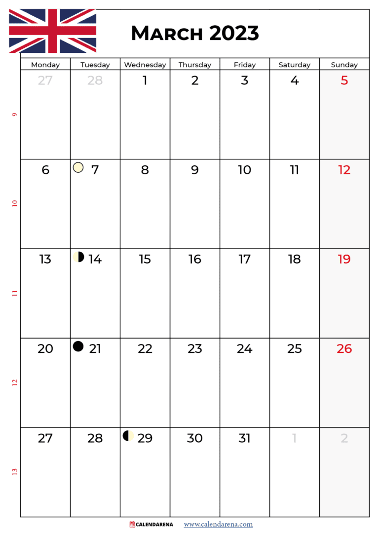 UK March 2023 Calendar Printable Free