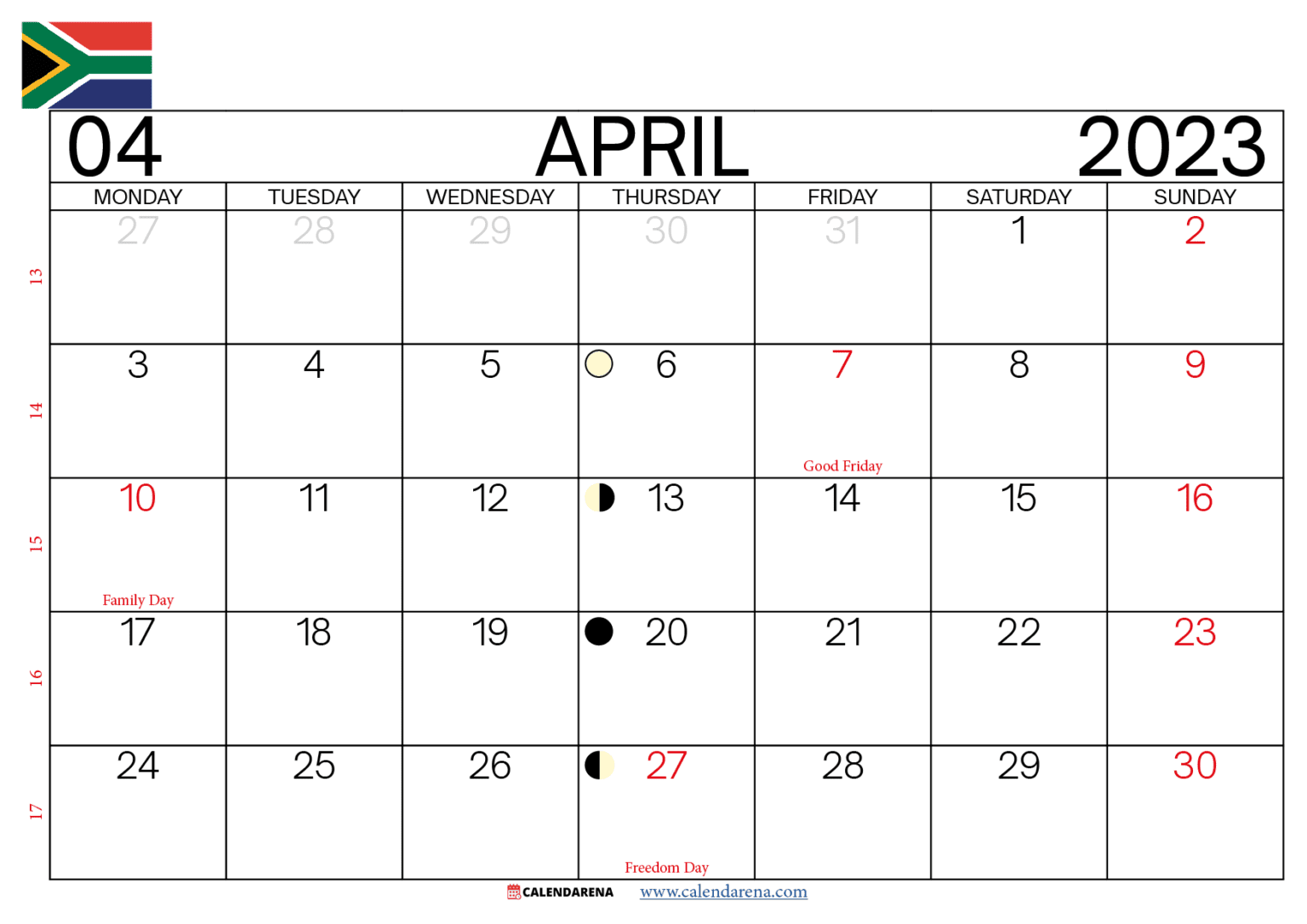 Download April 2023 Calendar With Holidays South Africa