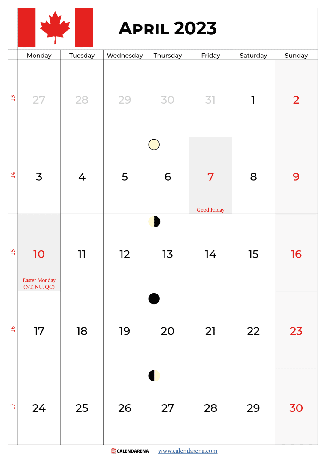 Download April 2023 Calendar With Holidays Canada