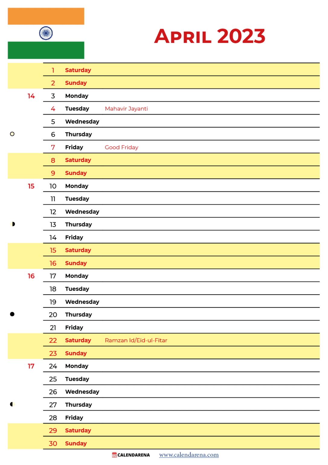 Download April 2023 Calendar With Holidays India