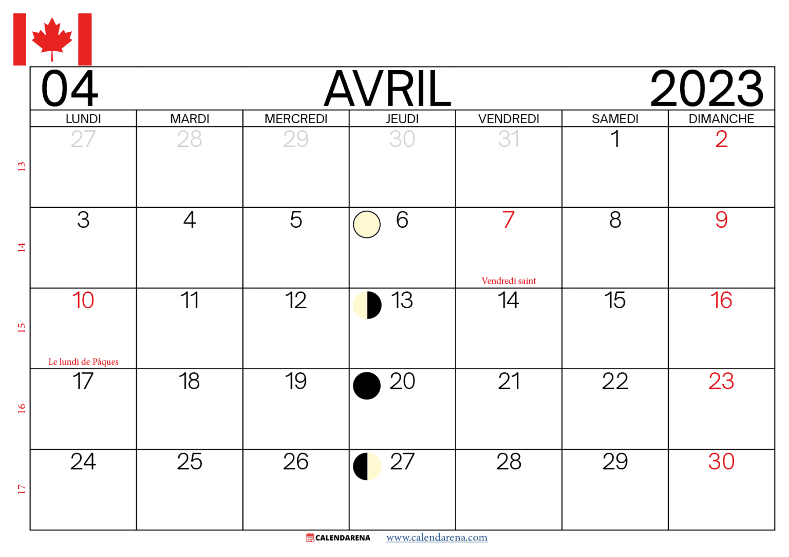Calendrier Avril 2023 à Imprimer Québec Pdf