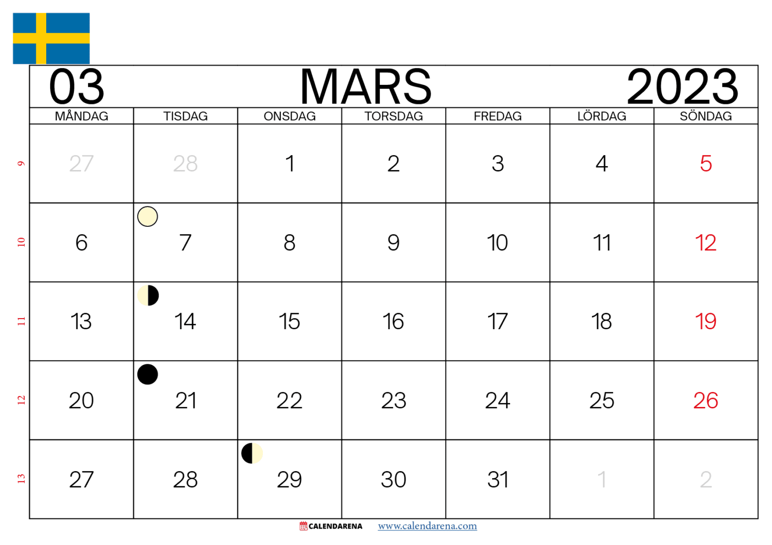 Kalender 2023 Mars Sverige Med Veckonummer