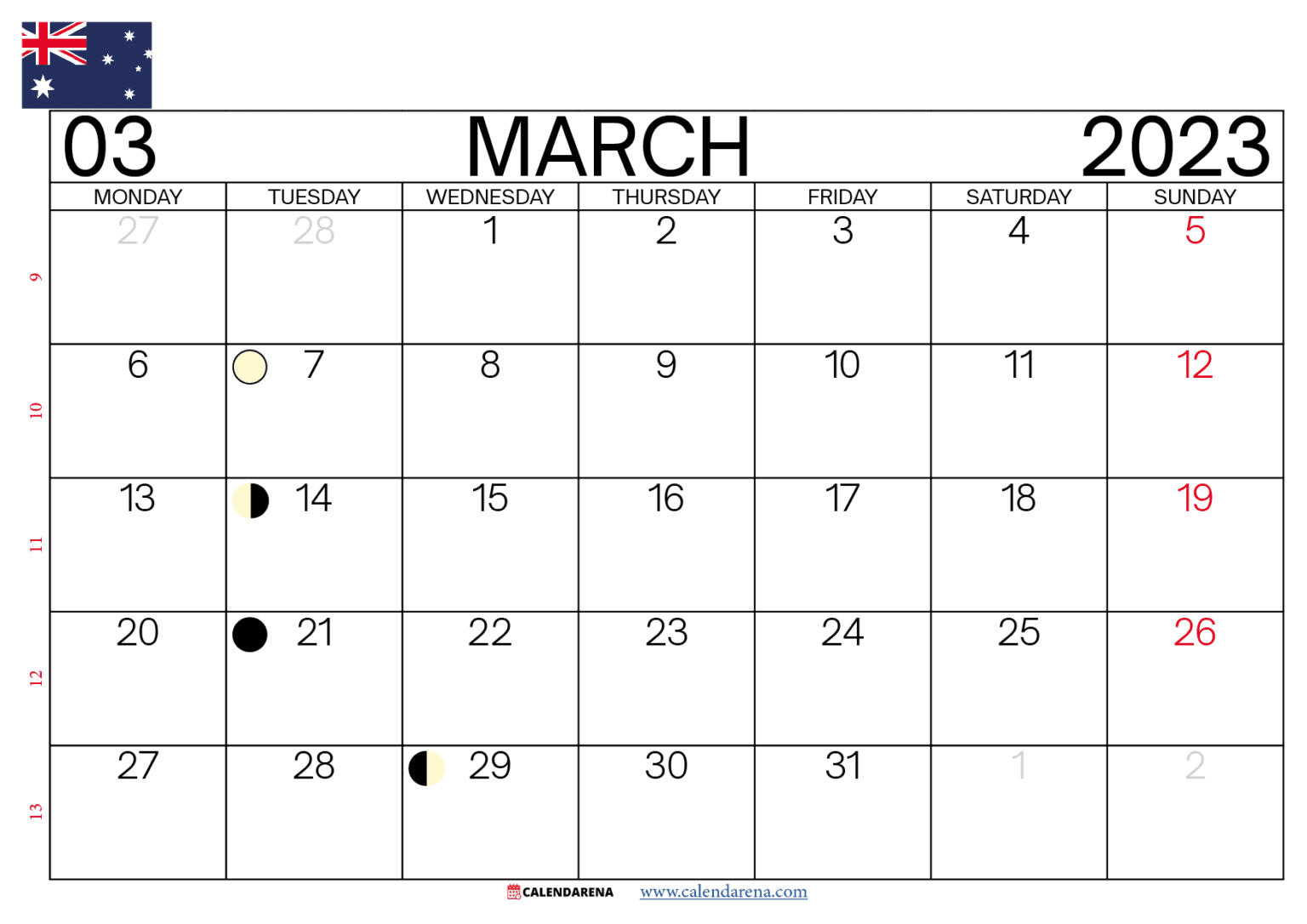 March 2023 Calendar With Festivals And Holidays Australia