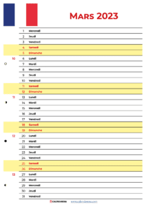 Calendrier Mars 2023 à Imprimer France Pdf