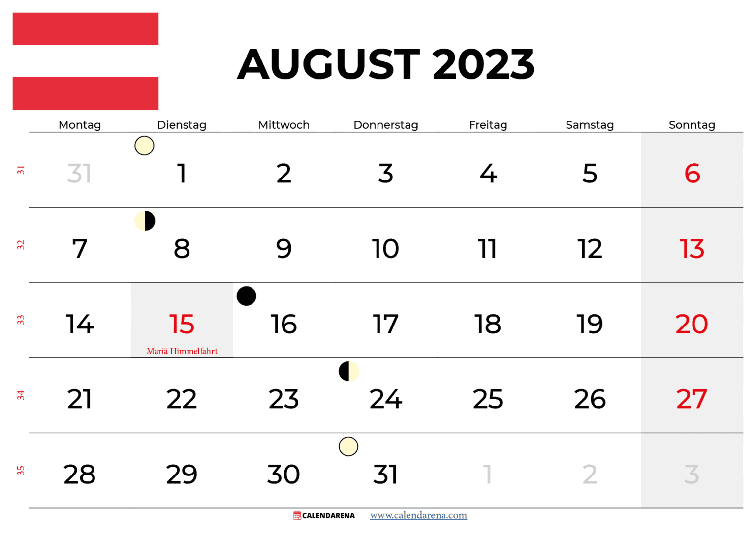 Kalender August 2023 Österreich Zum Ausdrucken