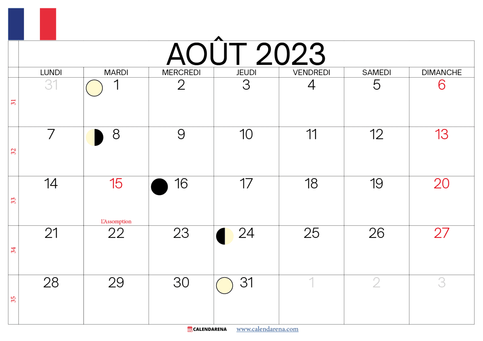Télécharger Calendrier Août 2023 France