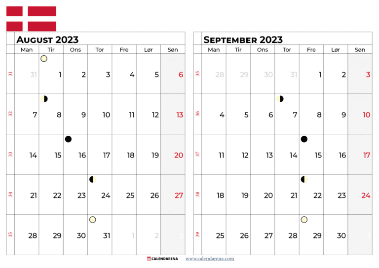 Kalender August 2023 Danmark Med Uger