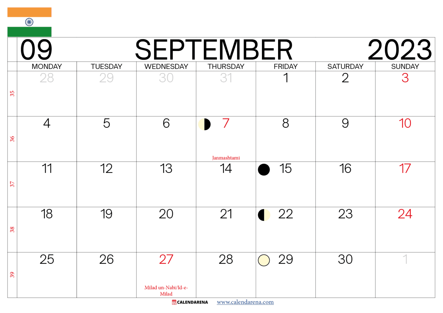 September 2023 Calendar India Printable