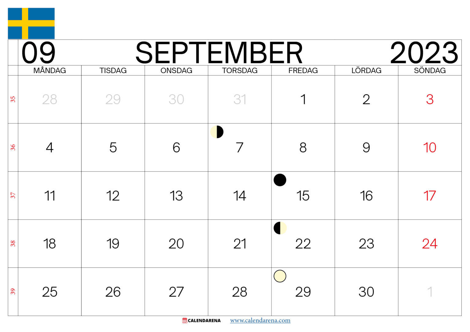 Kalender September 2023 Sverige Med Veckonummer