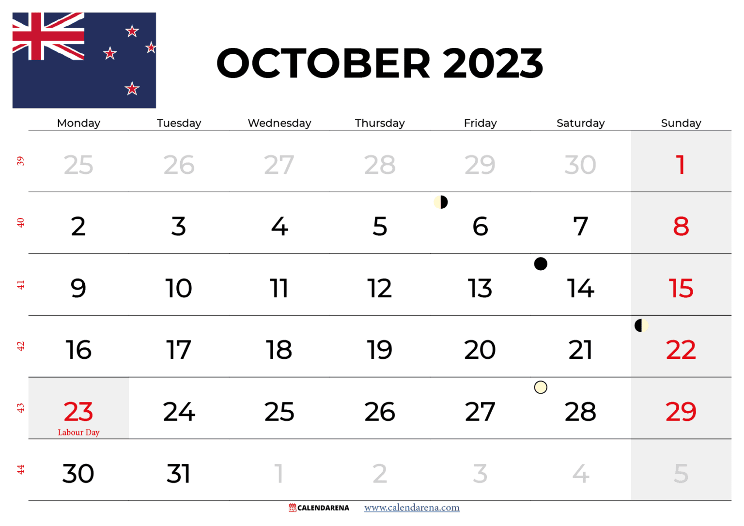 October 2023 Calendar NZ | Free Download In PDF