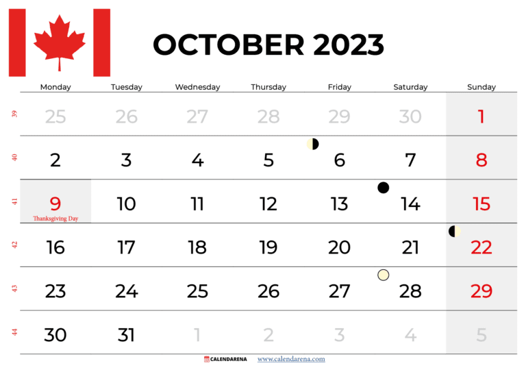 October 2023 Calendar Canada | Free Download In PDF