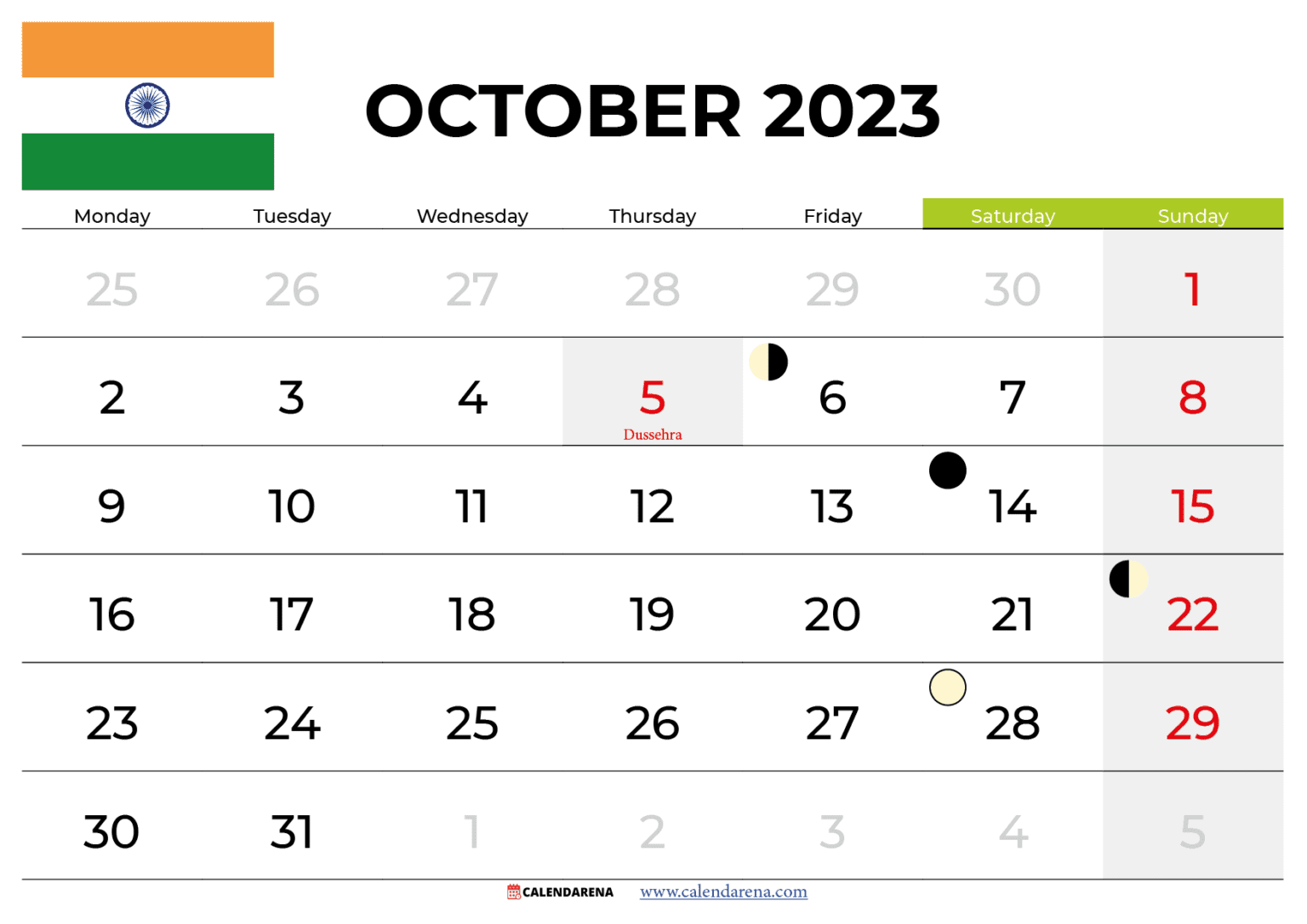 October 2023 Calendar India | Free Download In PDF