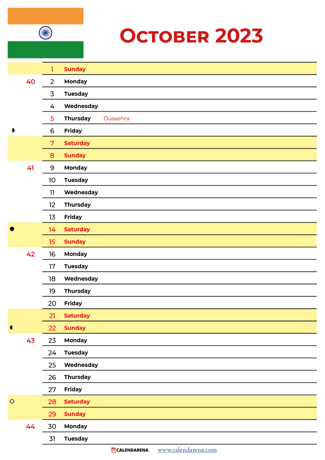 October 2023 Calendar India | Free Download In PDF