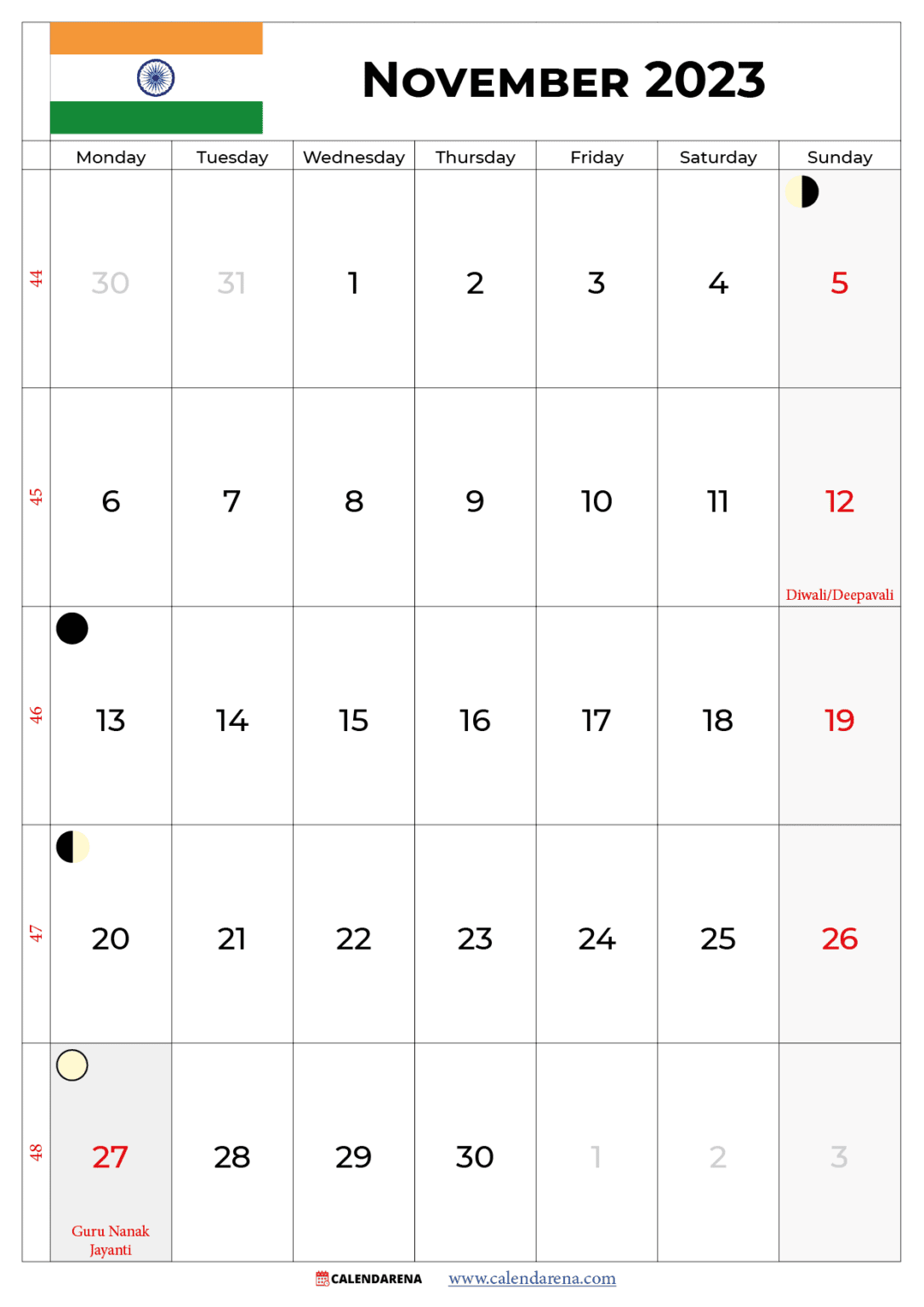 Free November 2023 Calendar India With Holidays