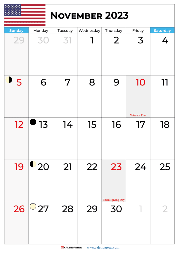 Free November 2023 Calendar USA With Holidays