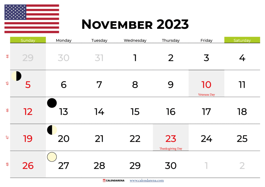 Free November 2023 Calendar USA With Holidays