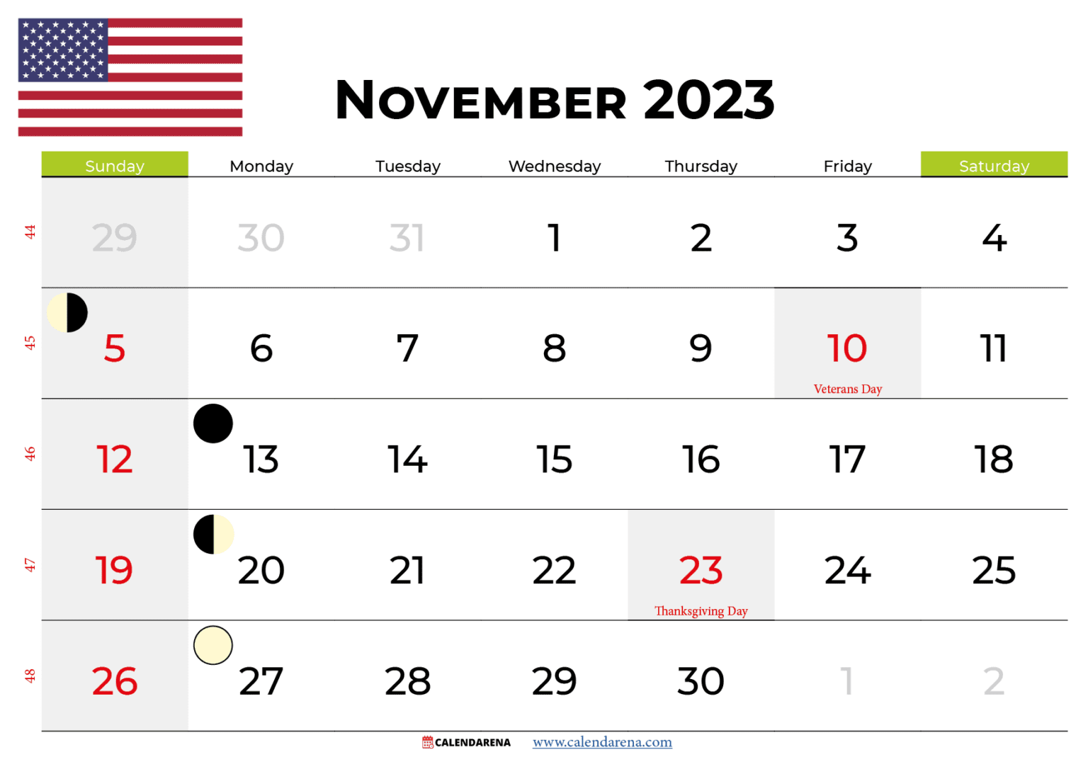 Free November 2023 Calendar USA With Holidays