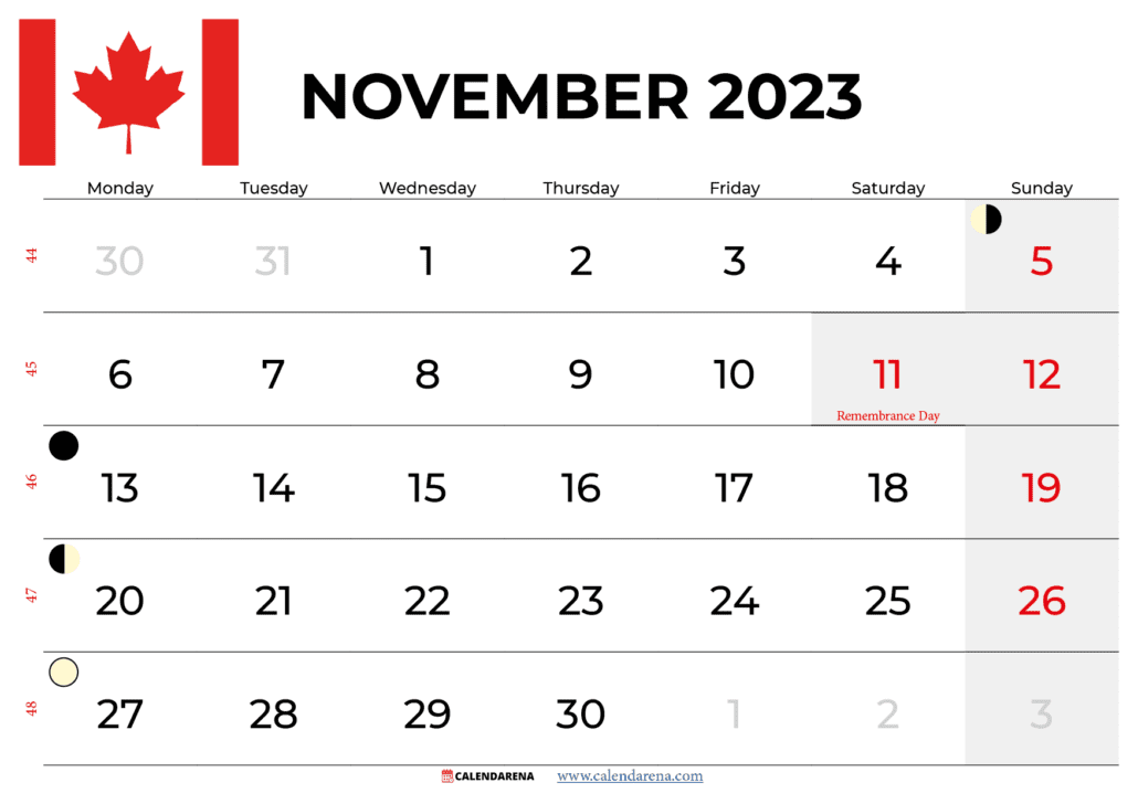 Free November 2023 Calendar Canada With Holidays