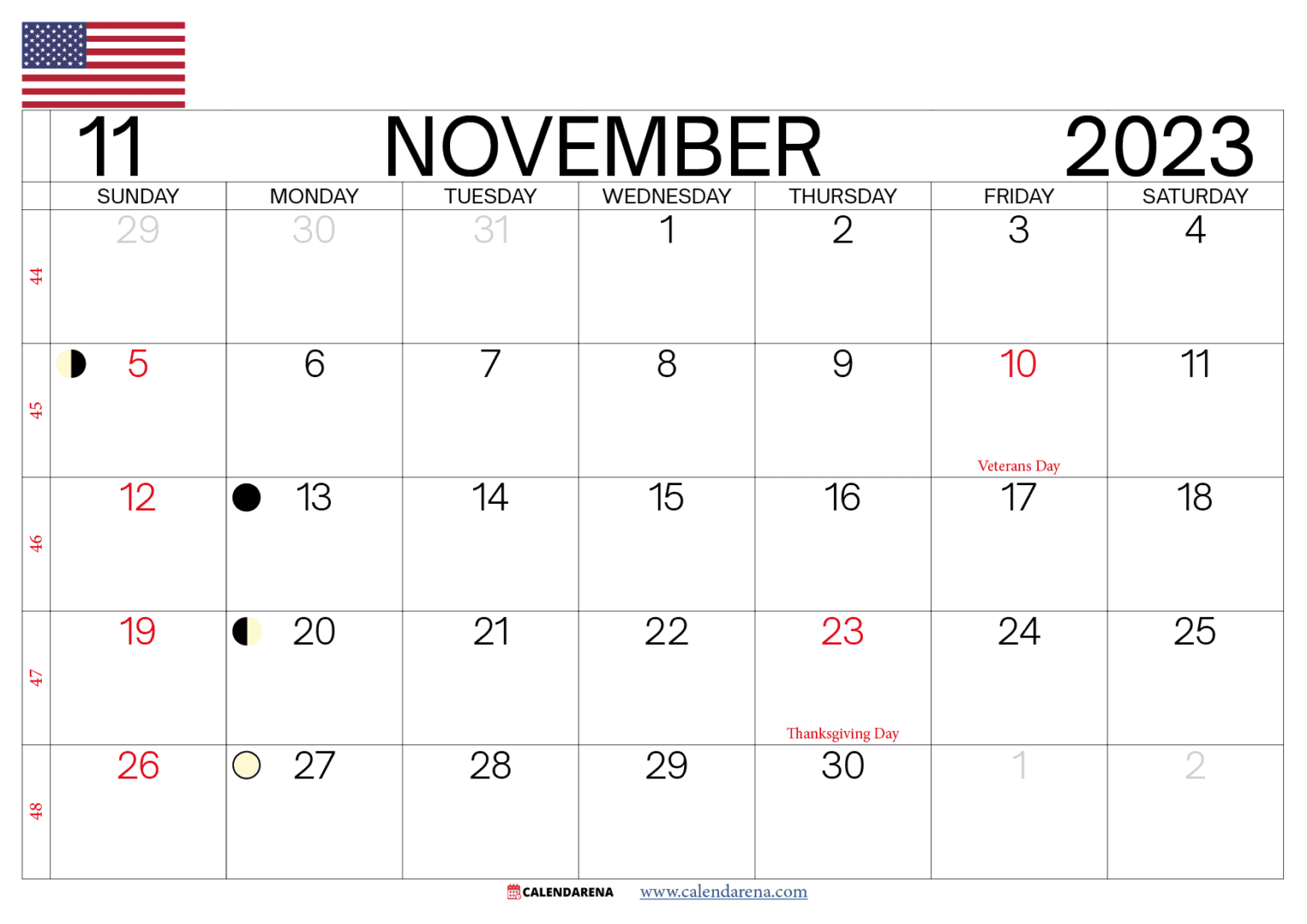 Free November 2023 Calendar USA With Holidays