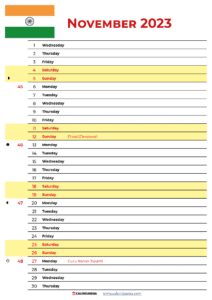Free November 2023 Calendar India With Holidays