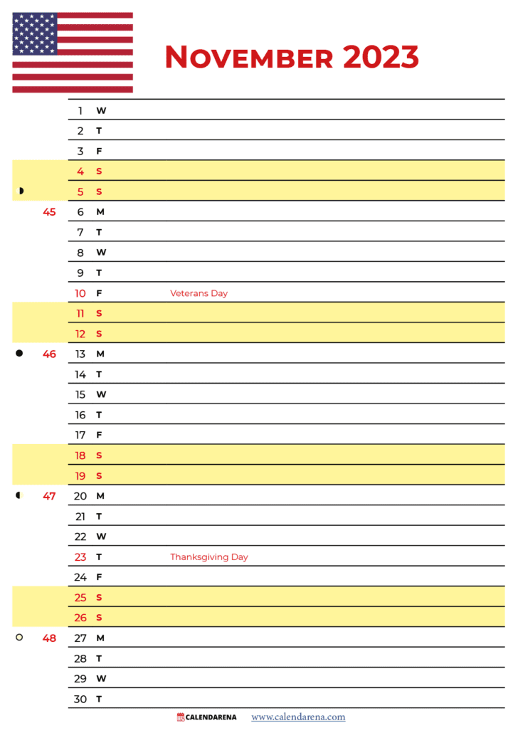 Free November 2023 Calendar USA With Holidays