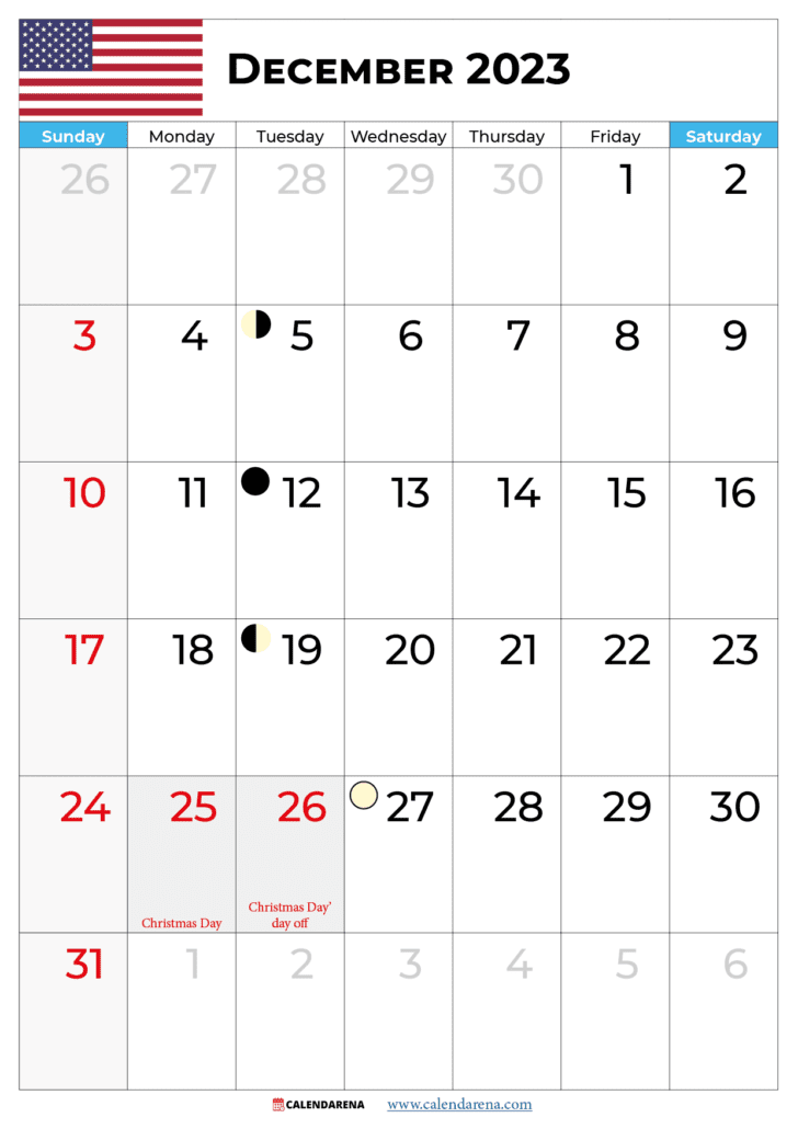 Free December 2023 Calendar USA With Holidays