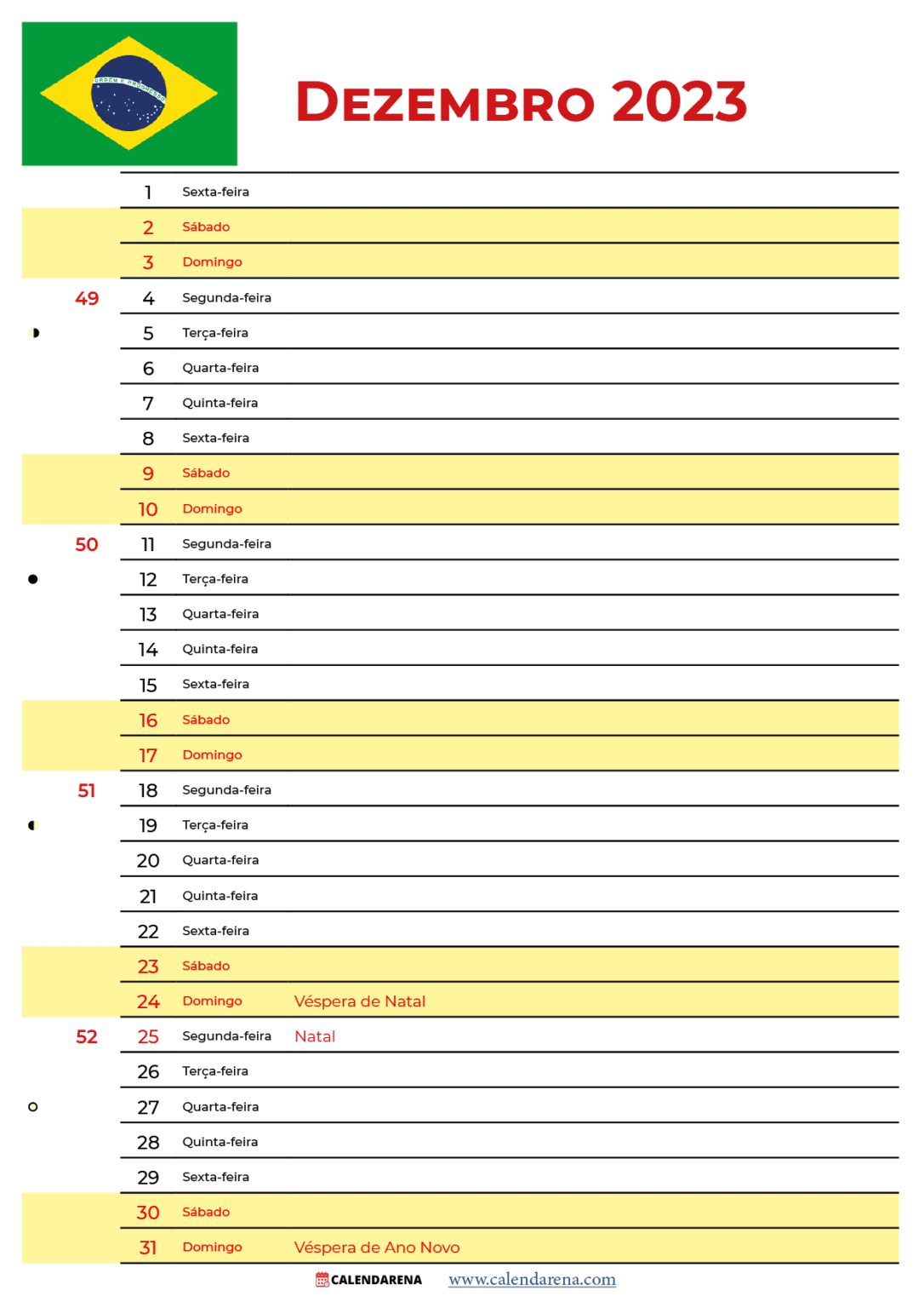 Calendario Dezembro 2023 Brasil