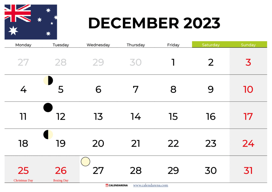 Free December 2023 Calendar Australia With Holidays