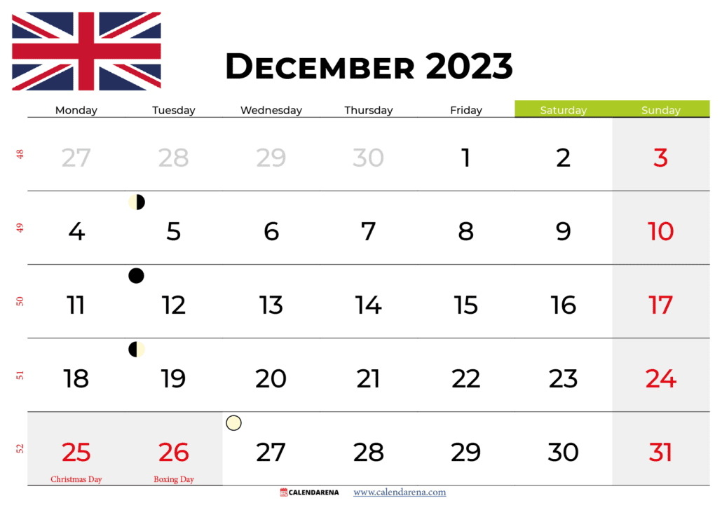 Free December 2023 Calendar UK With Holidays