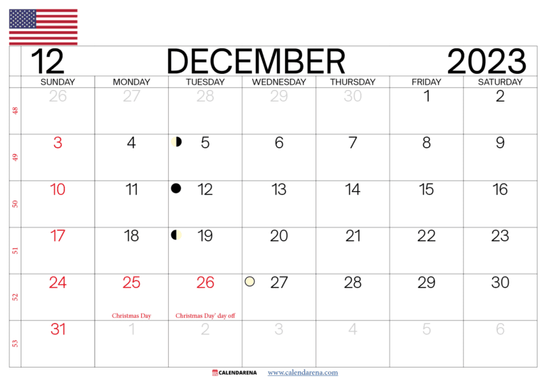 Free December 2023 Calendar USA With Holidays