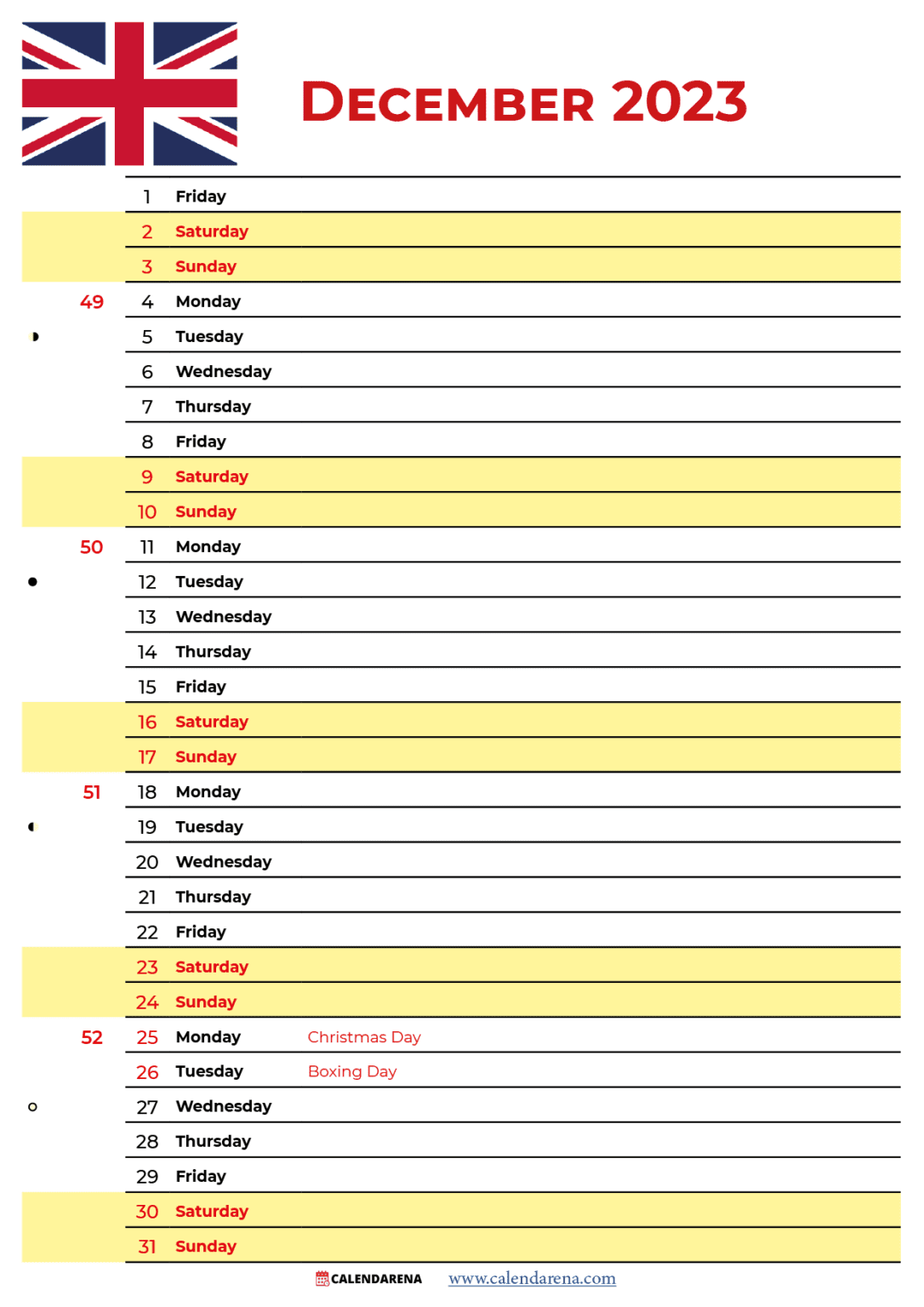 Free December 2023 Calendar UK With Holidays