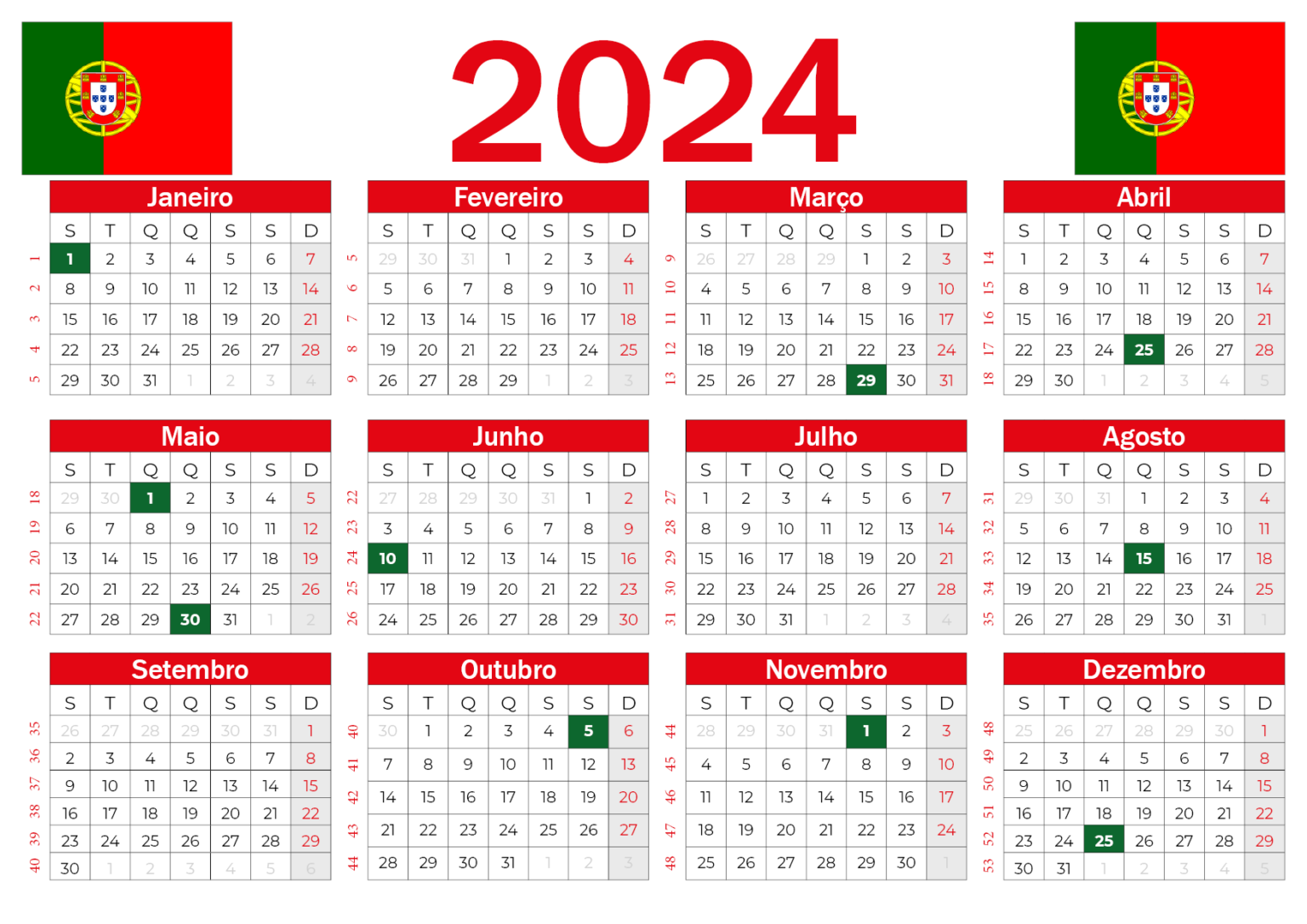 Calendário 2024 Portugal Para Imprimir Com Feriados