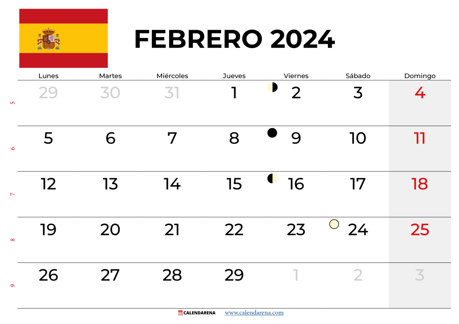 Calendario Febrero 2024 España Para Imprimir