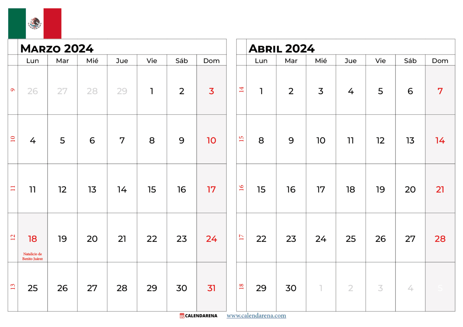 Calendario Marzo 2024 México Para Imprimir