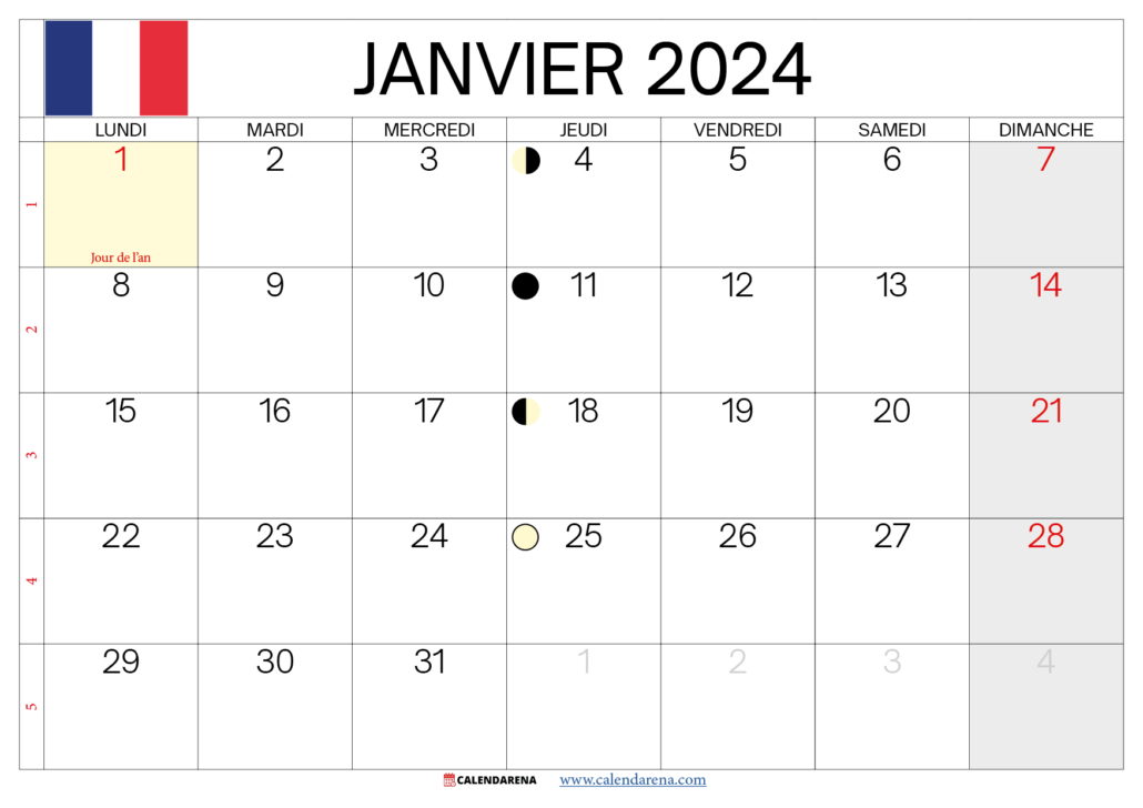 Calendrier Janvier 2024 France à Imprimer