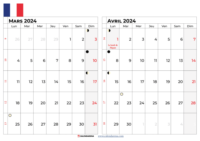 Calendrier Mars 2024 France à Imprimer Gratuit